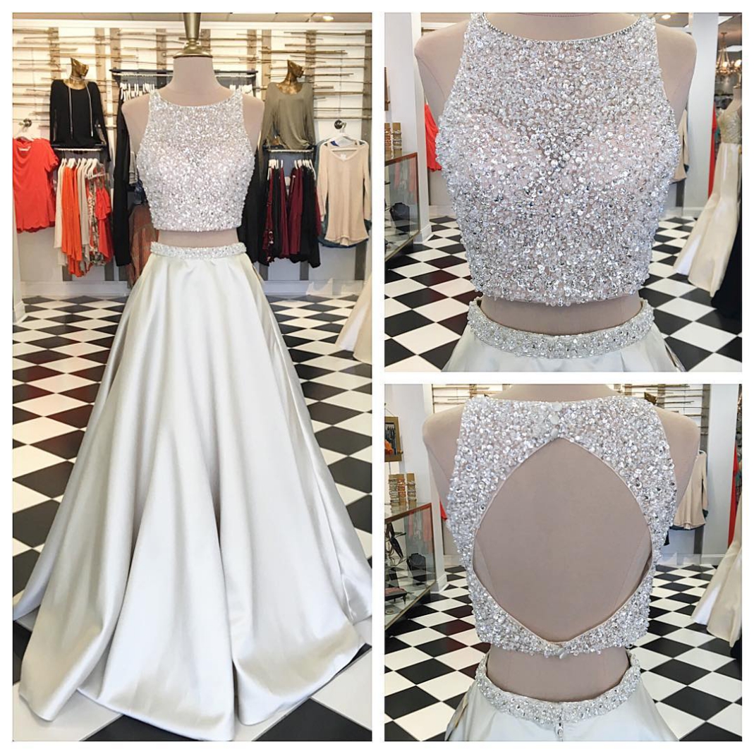 Beads Two Piece Champagne Long Prom Dress Graduation Dress on Luulla