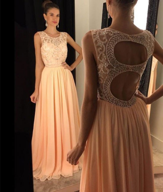 Scoop A-line Long Peach Prom Dress With Open Back on Luulla